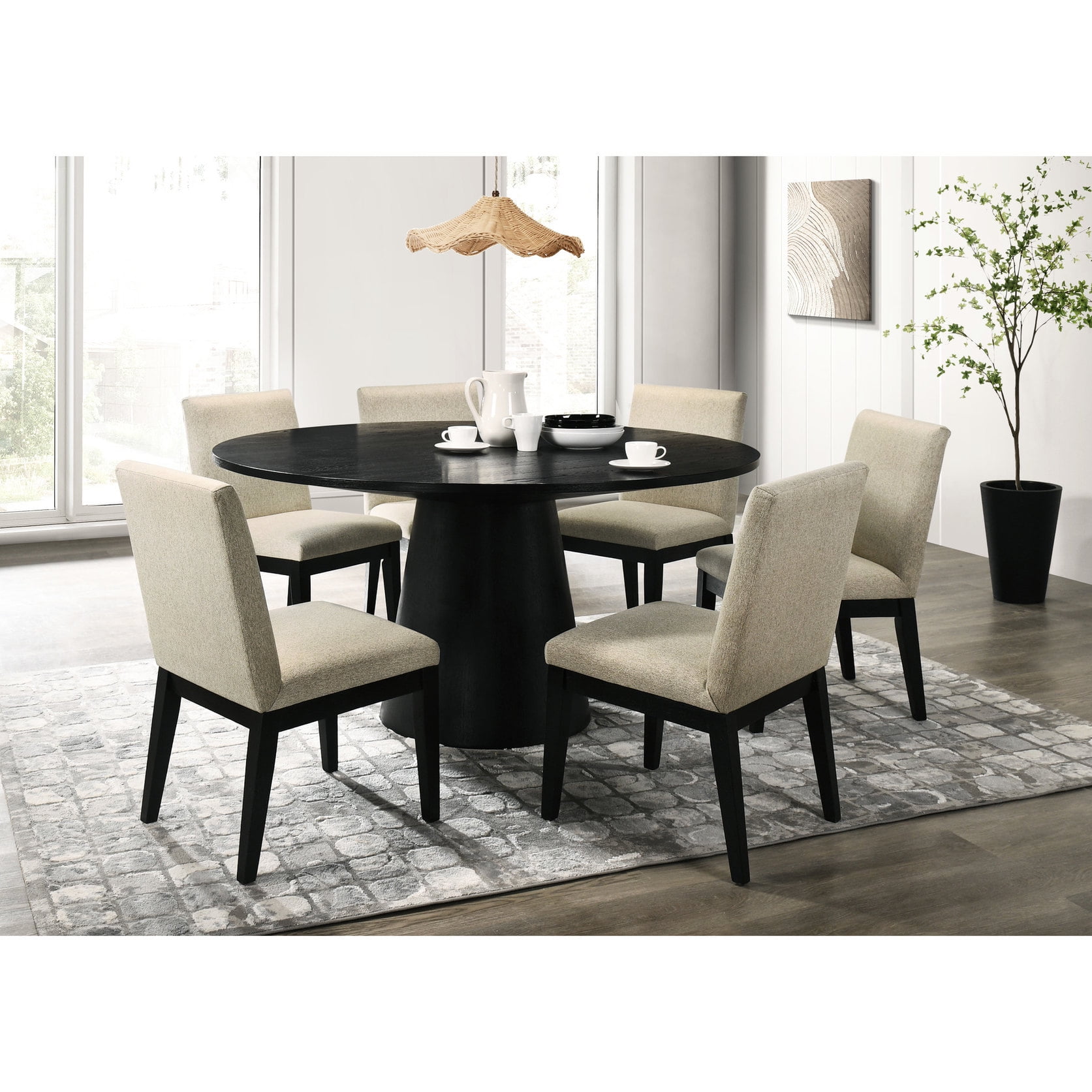 7 Piece Black Round Table and Fabric Chair Set | Ergonomic Seats Ensure ...