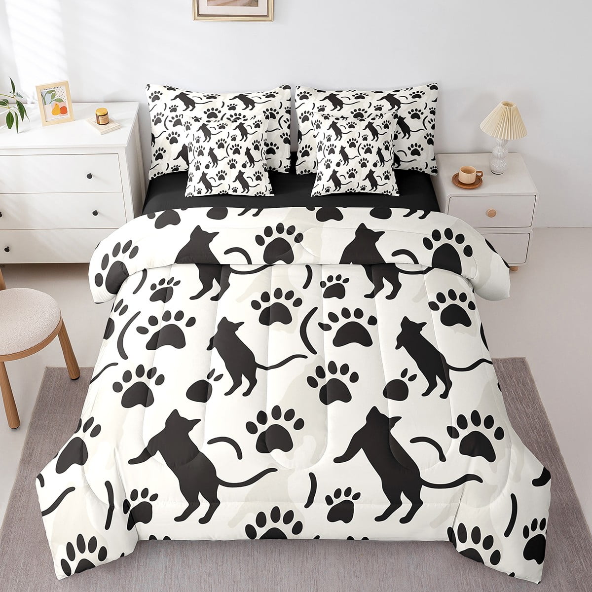 7 Piece Black and White Cat Bed in a Bag King Size Black Cat Bedding ...