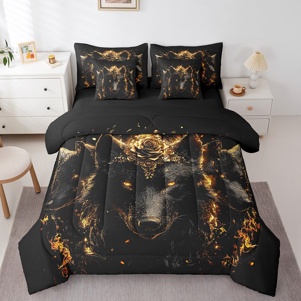 7 Piece Black Wolf Bed in a Bag Boho Exotic Style Bedding Sets Queen ...