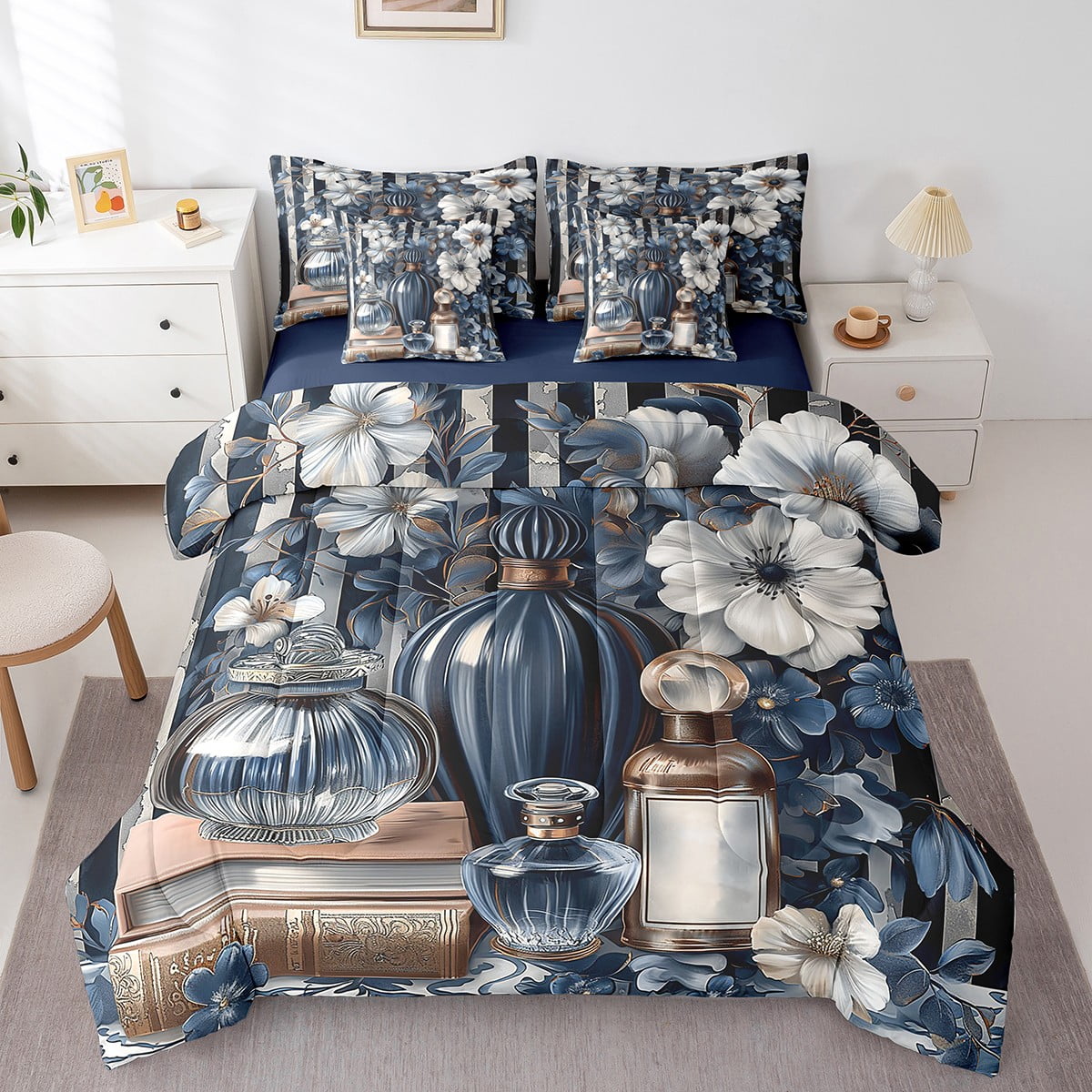 7 Piece Blue Floral Comforter Set Black White Blue Stripe Bed In A Bag ...