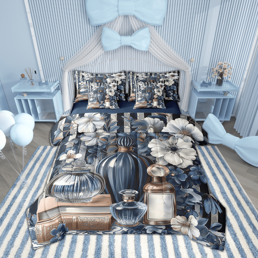 7 Piece Blue Floral Comforter Set Black White Blue Stripe Bed In A Bag ...