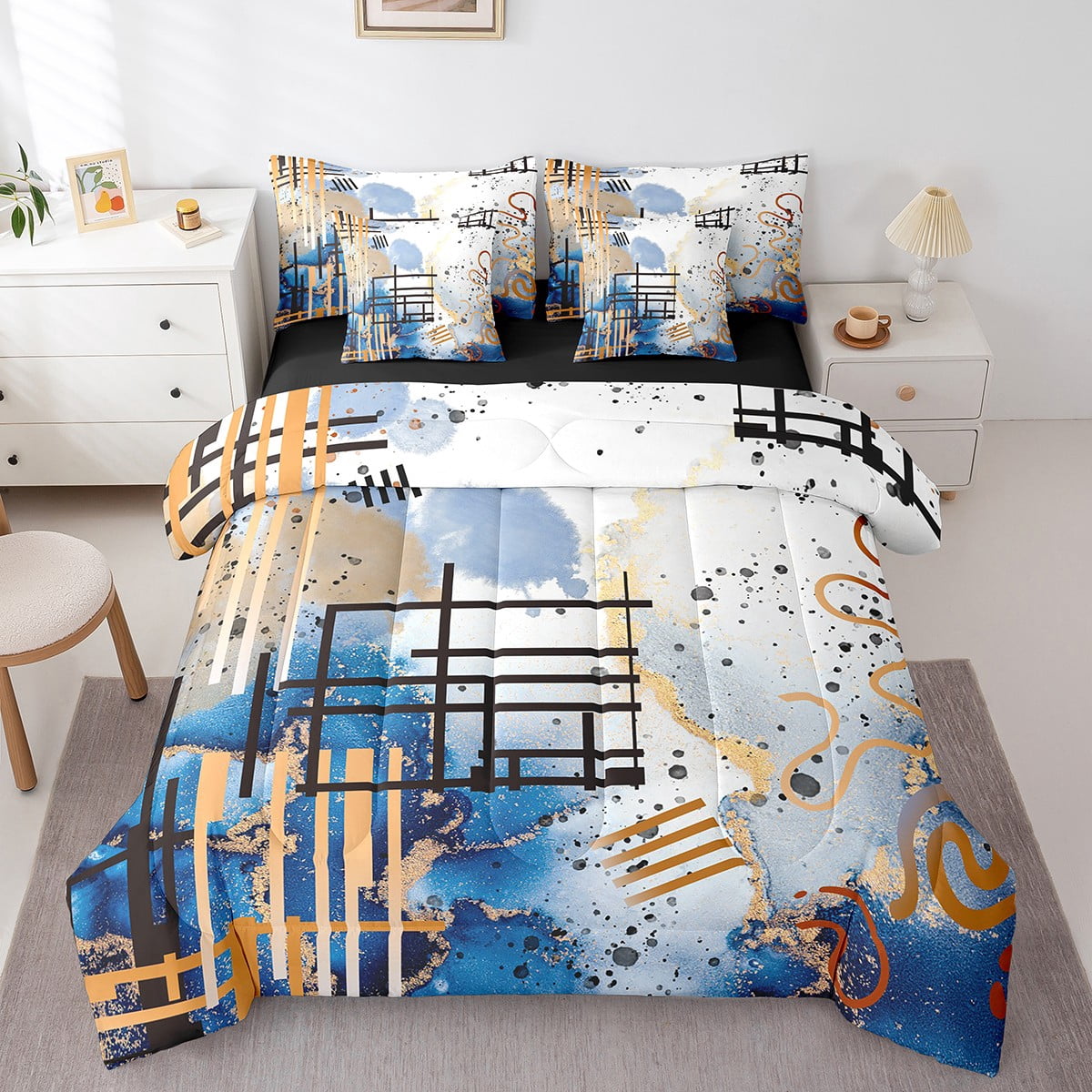 7 Piece Blue Ombre Bed in a Bag Full Size Geometry Stripes Bedding Sets ...