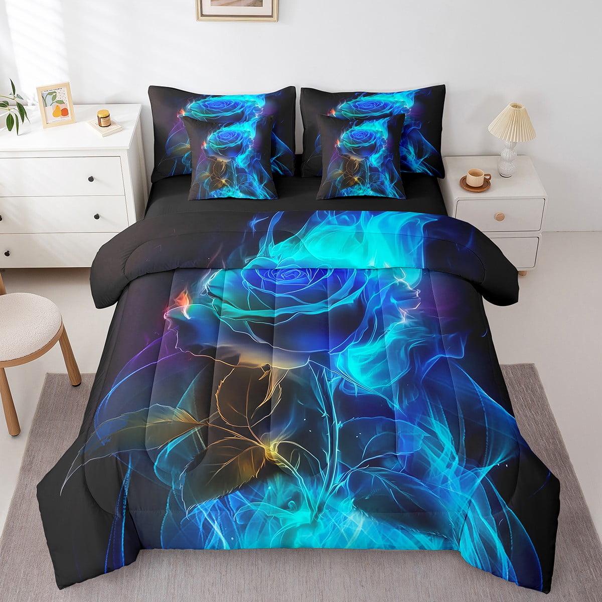 7-Piece Blue Rose Flames Bedding Sets Twin, Floral Roses Comforter Set ...