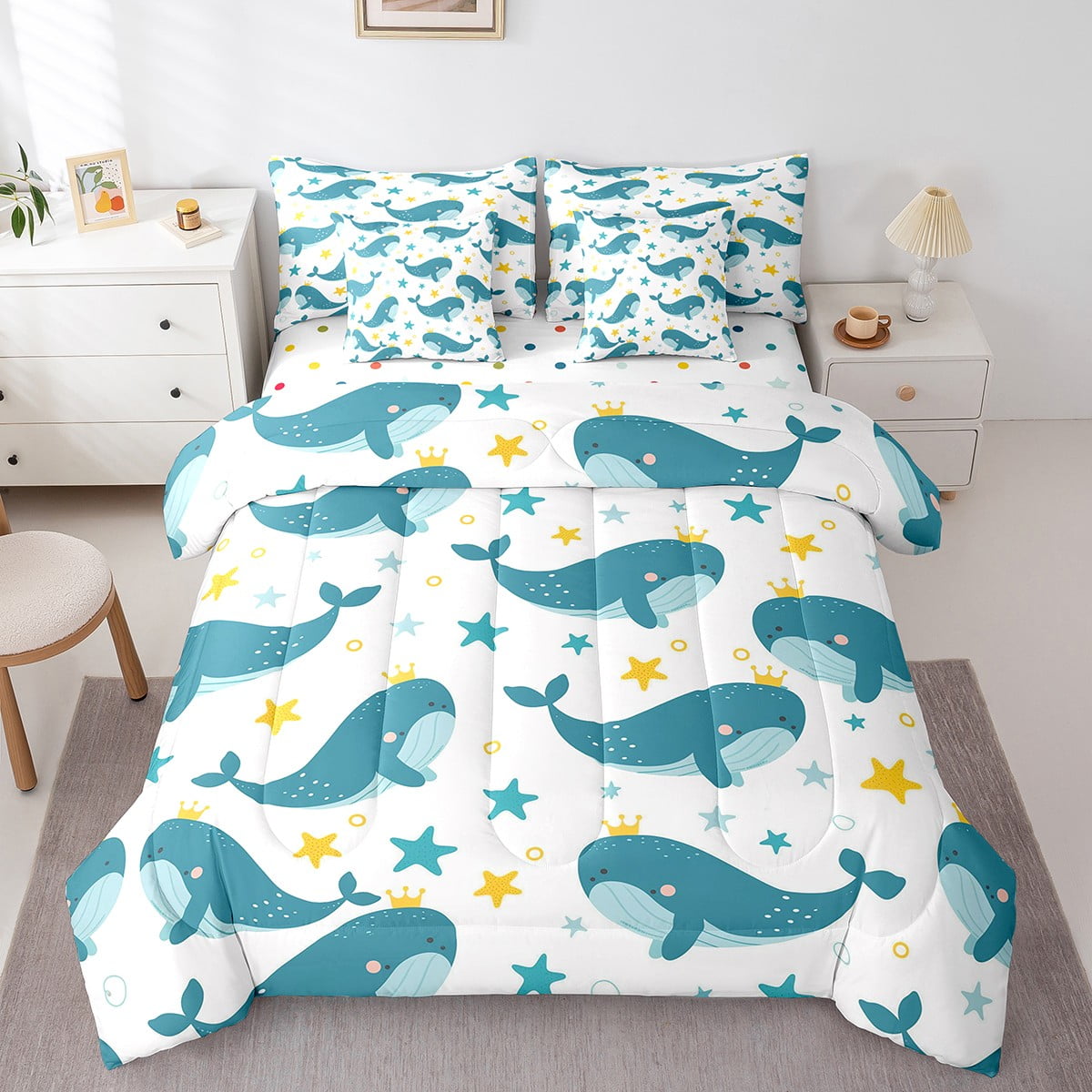 7 Piece Blue Whale Bed in a Bag King Cute Sea Animal Bedding Sets Ocean ...