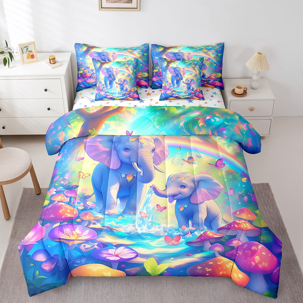 7 Piece Boho Elephant Bed in a Bag Cute Cartoon Animal Elephant Bedding ...