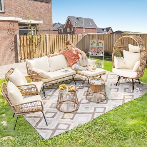 7 Piece Boho Patio Furniture Sets with Egg Chair, Small Outdoor Bistro ...
