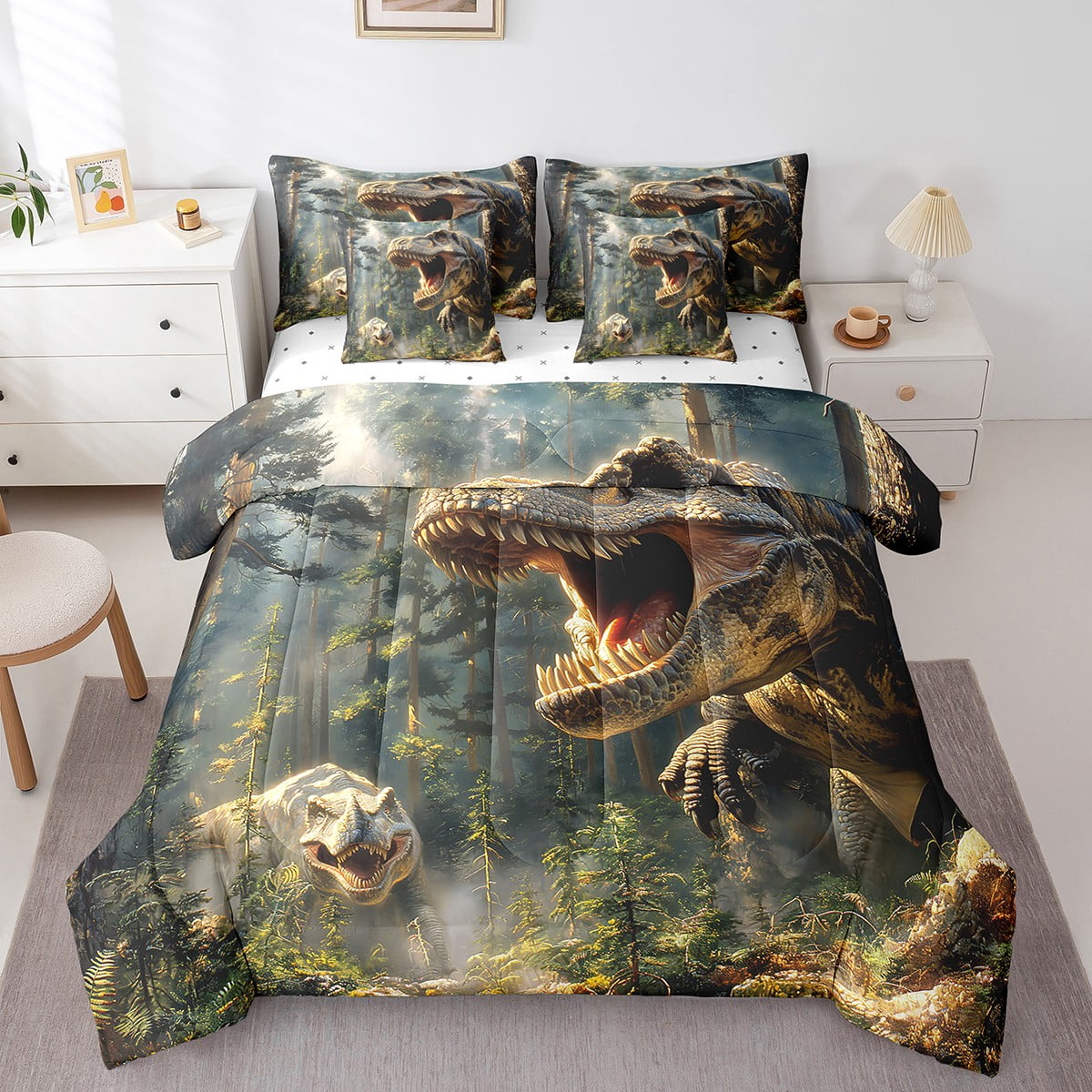 7 Piece Boys Dinosaur Comforter Set With Sheets Full Kids 3D Dino Bed ...