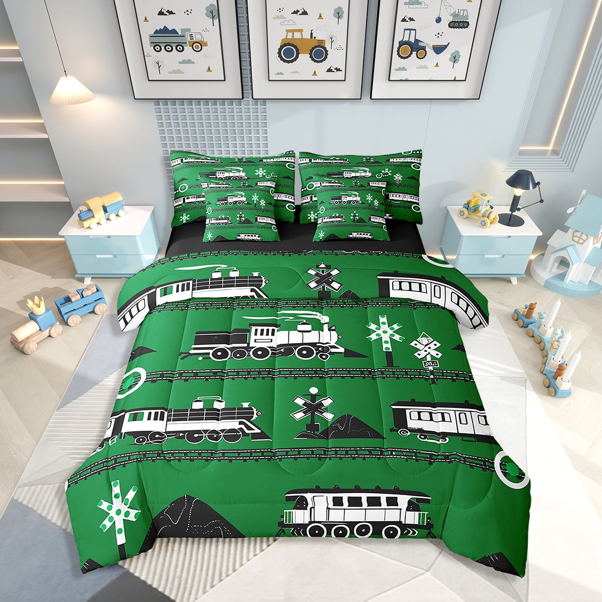7-Piece Train Twin Comforter Set Cartoon Car Bedding with Pillowcases ...