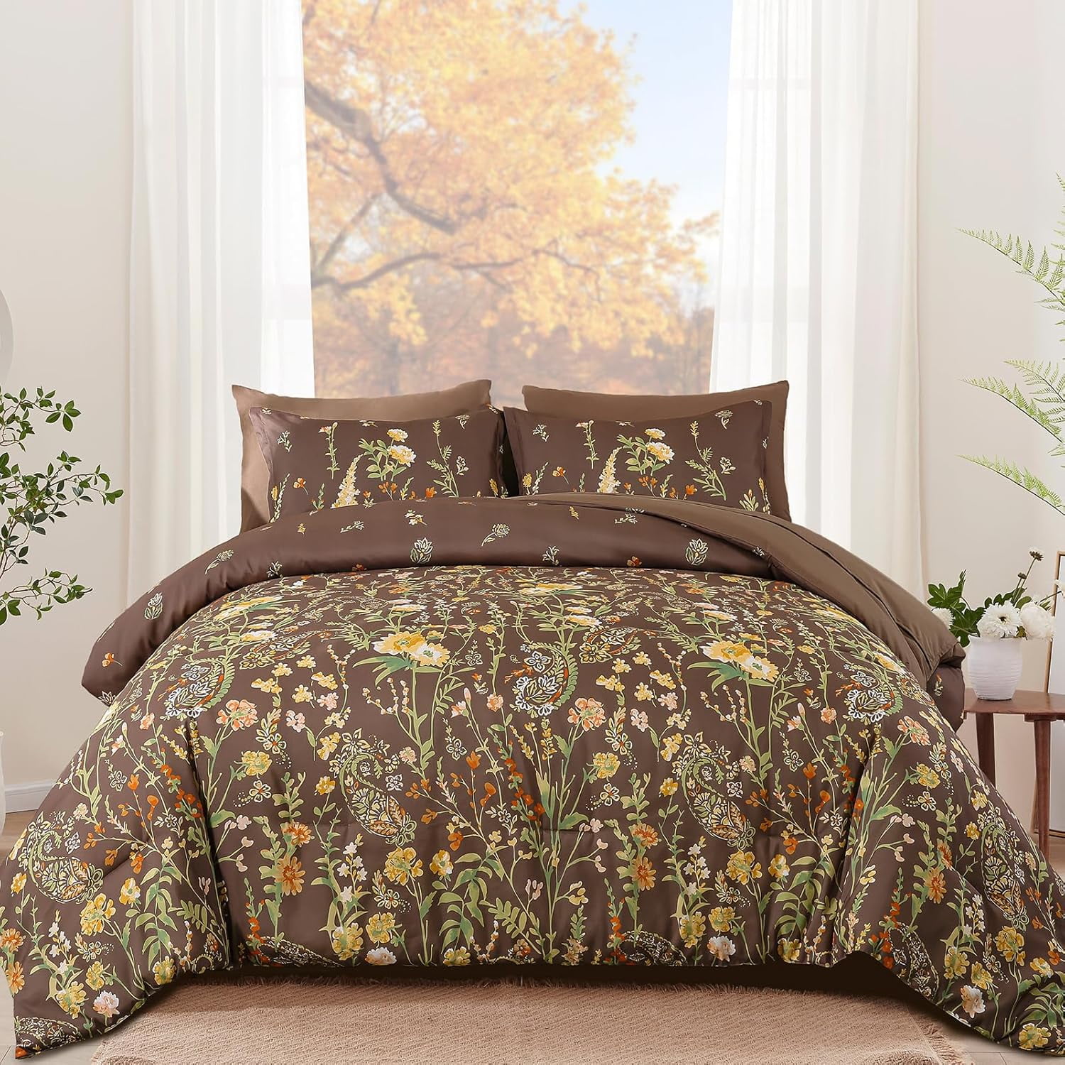 7 Piece Brown Fall Comforter Set King Size, Floral Flowers Comforter ...