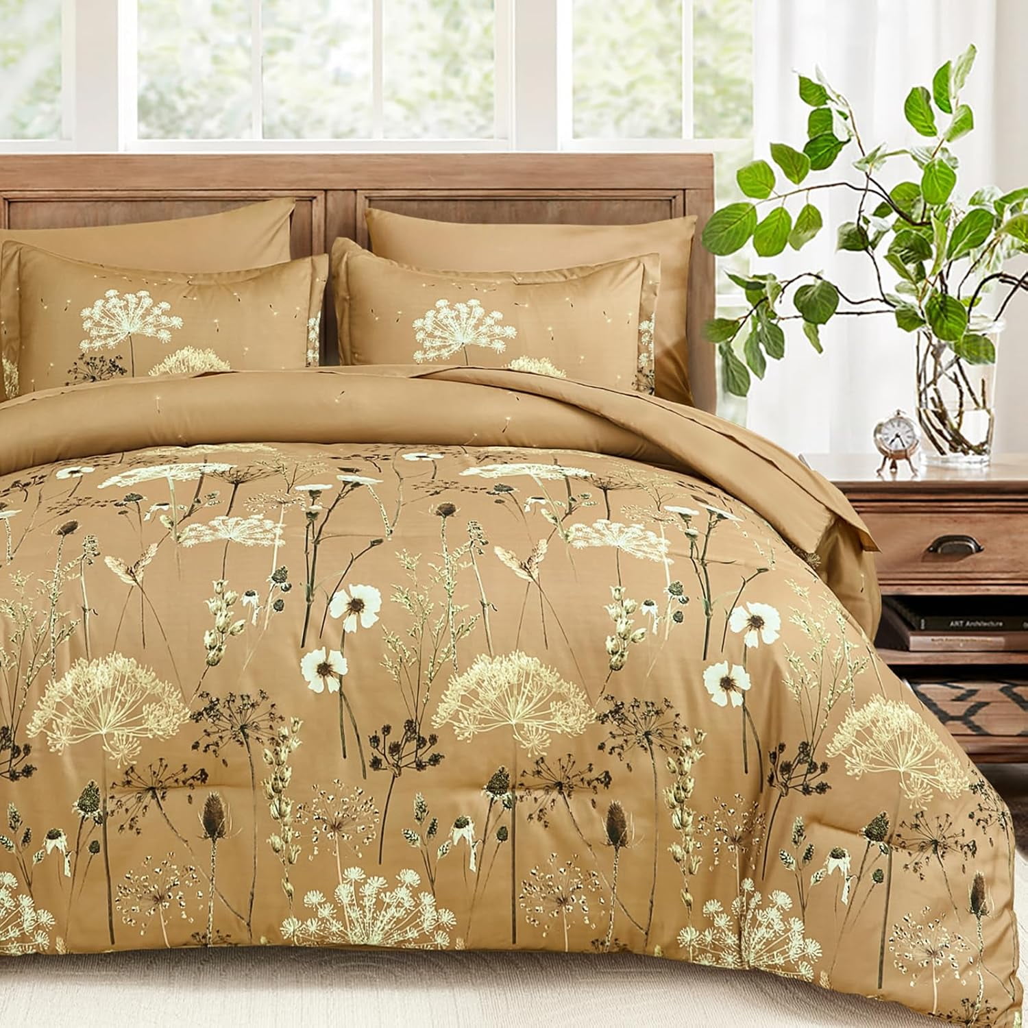 7 Piece Brown Floral Comforter Set Queen Size, Dandelion Plant Botanical Comforter Bedding Set ...