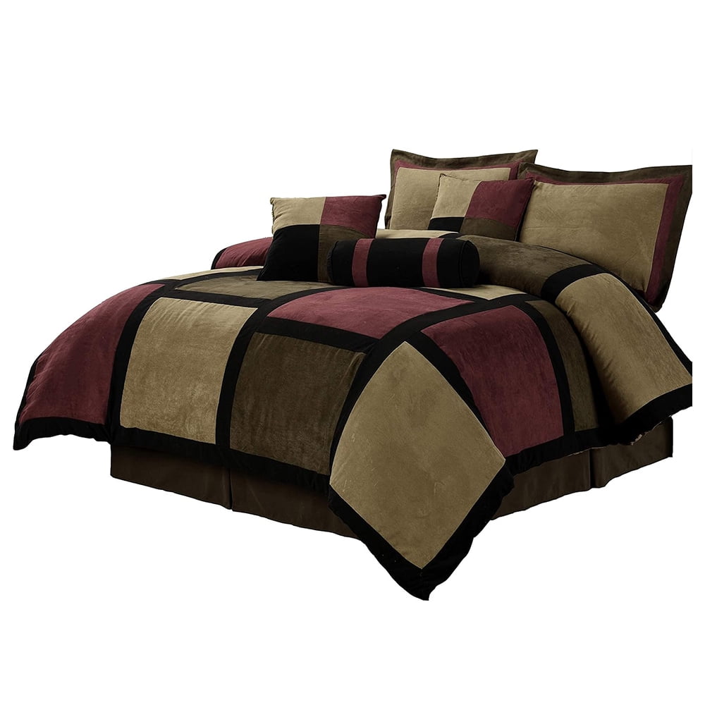 7-Piece Burgundy Brown Black Micro Suede Patchwork Comforter Set for ...