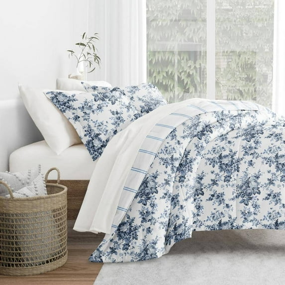 7-Piece Cabbage Rose Stripe Stone Pattern Comforter Queen Microfiber ...