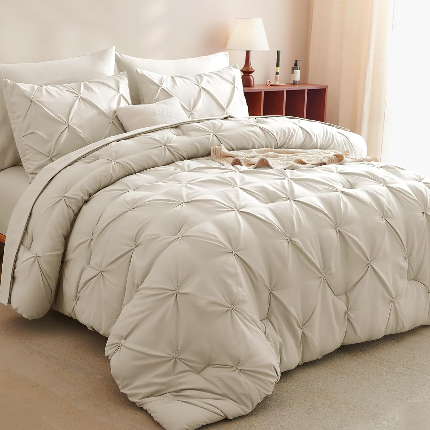 7-Piece California King Beige Pinch Pleat Comforter Set, All Season Bed ...