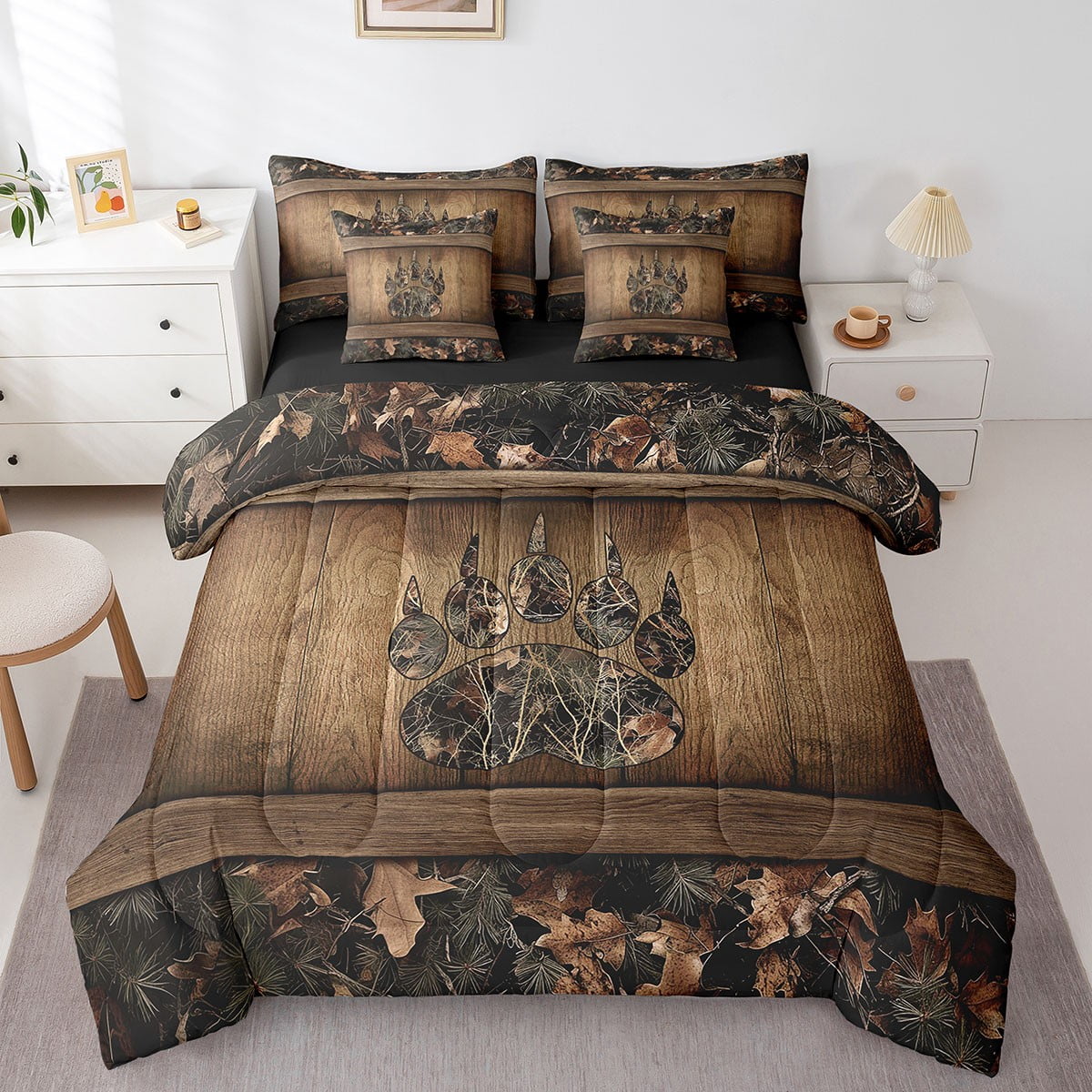 7 Piece Camo Bear Paw Bed In A Bag Hunting Woodland Wildlife Bedding ...