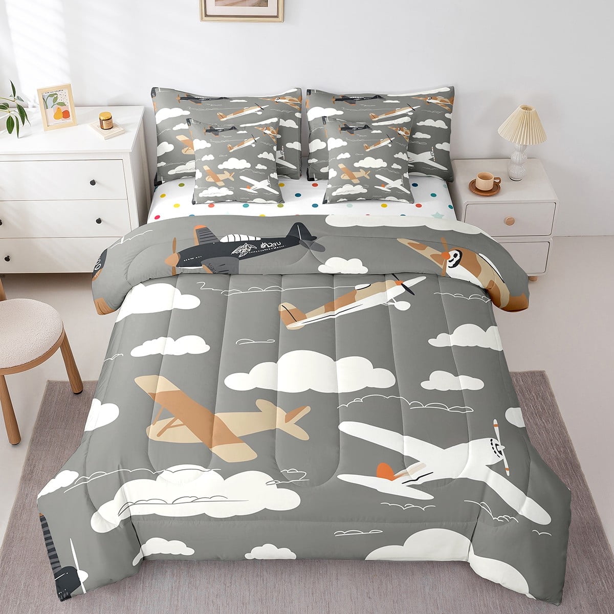 7 Piece Cartoon Airplane Comforter Set Full,Aircraft Bedding Set With ...