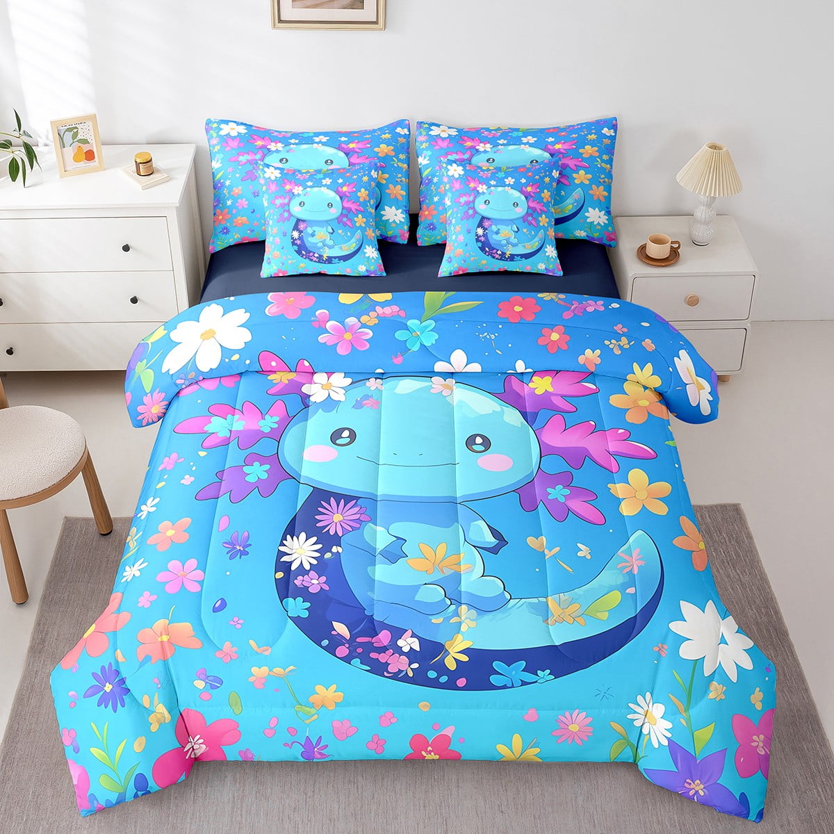 7 Piece Cartoon Axolotl Full Size Bed in a Bag, Cute Ocean Animal ...