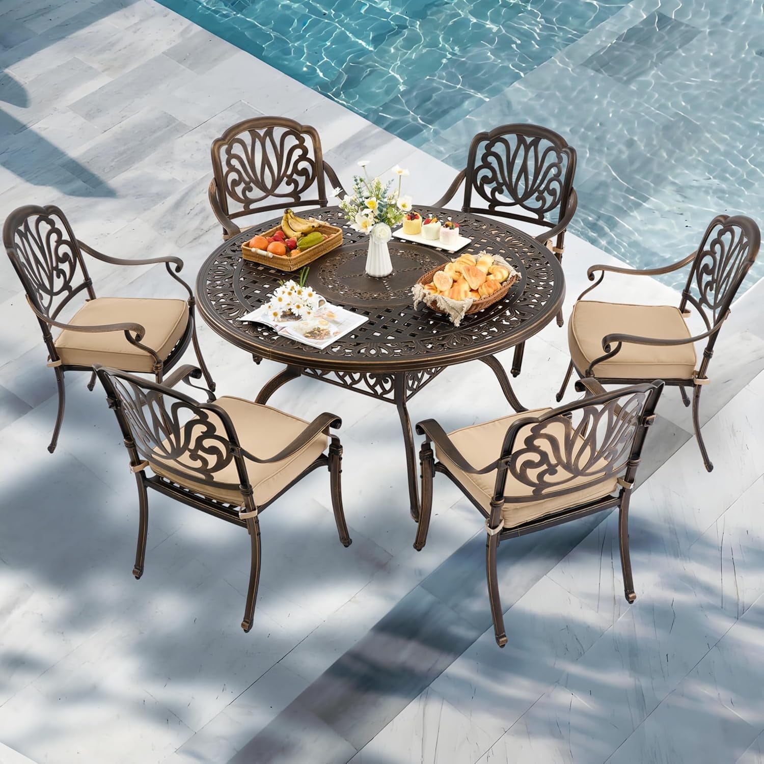 7-Piece Cast Aluminum Outdoor Table and Chairs, Classic Vintage Patio ...