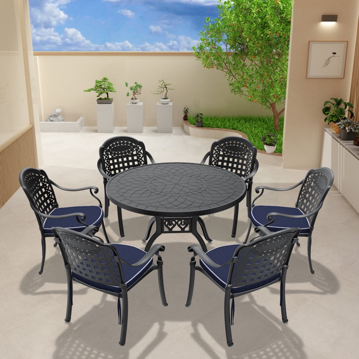 7-Piece Cast Aluminum Patio Furniture Set with Blue All-Weather ...