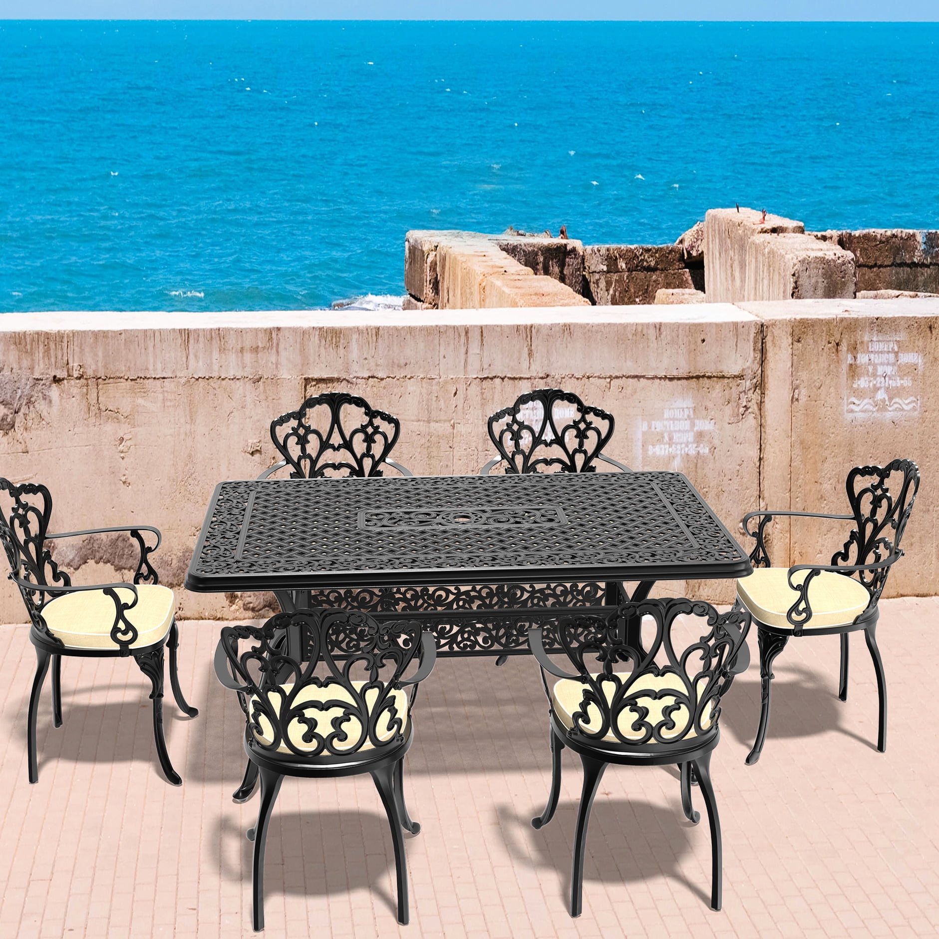 7-Piece Cast Aluminum Table and Chair Set with Cushions | Great for ...