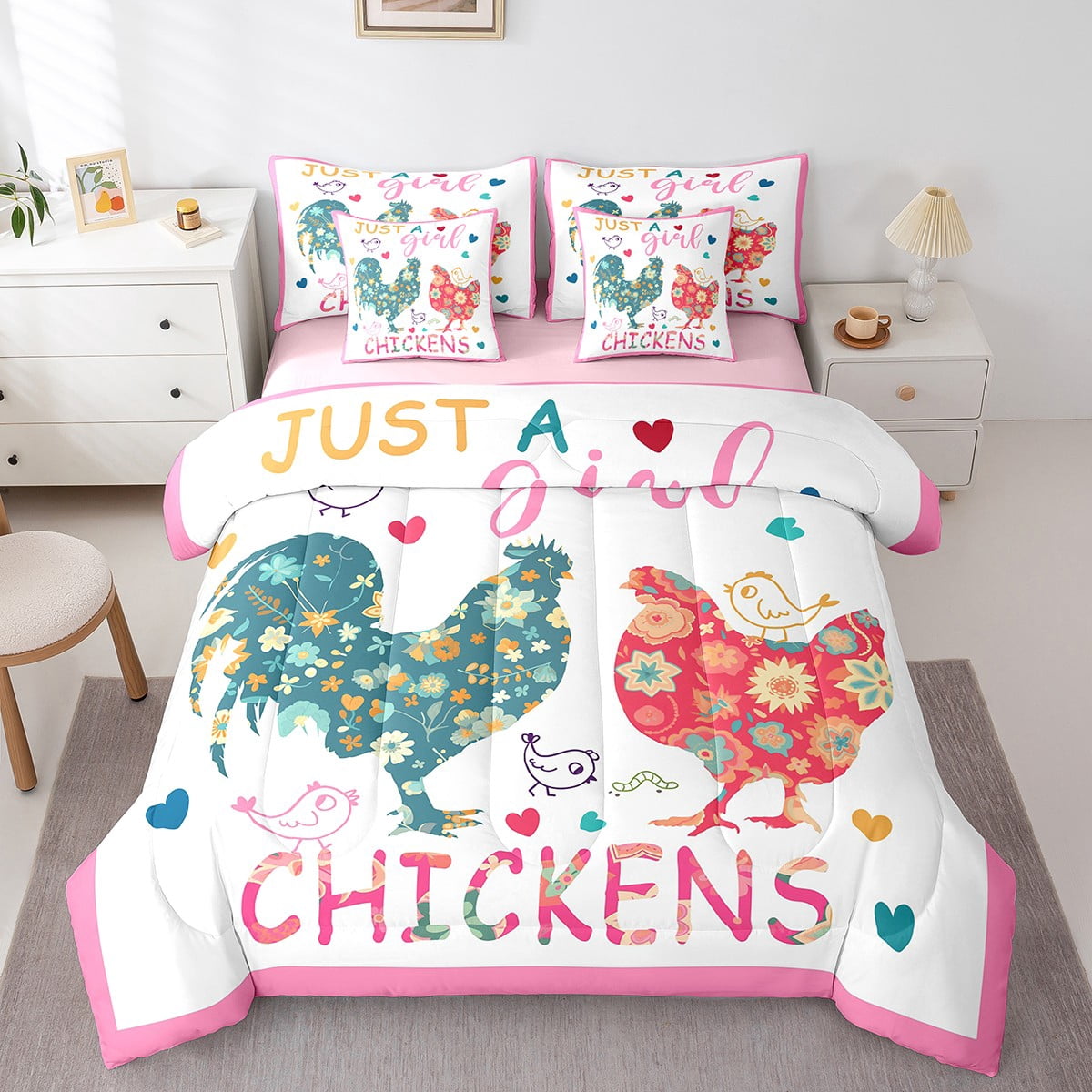 7 Piece Chicken Queen Bed in a Bag Cute Cartoon Animal Bedding Sets ...