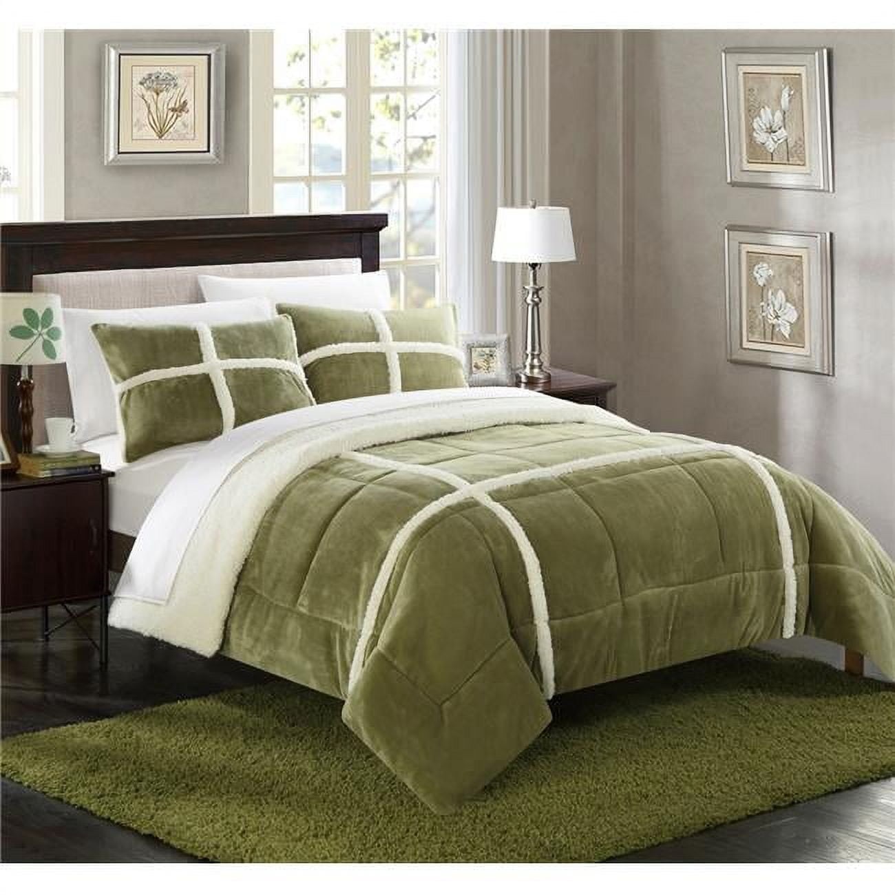 7 Piece Cindy Mink Sherpa Lined King Comforter Set, Green Sheets ...