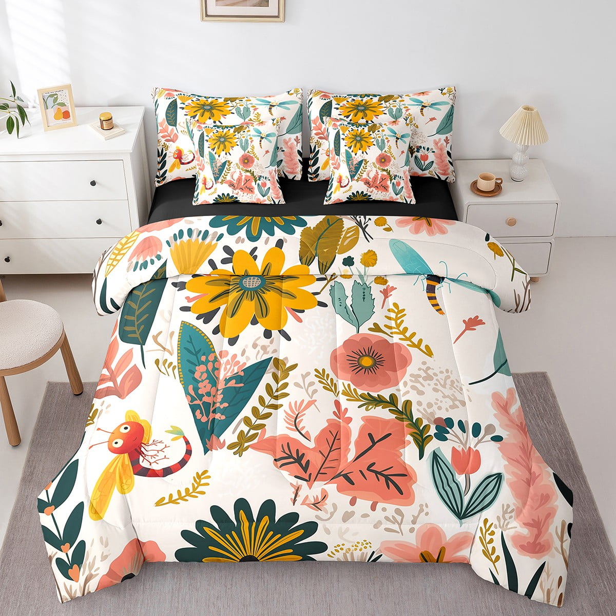 7-Piece Colorful Floral Bedding Comforter Sets for Girls Chic Dragonfly ...