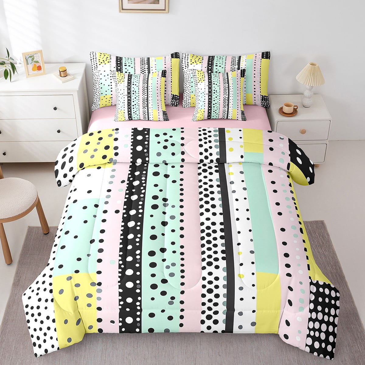 7 Piece Colorful Polka Dots Bed in a Bag Queen Size Rainbow Ombre ...
