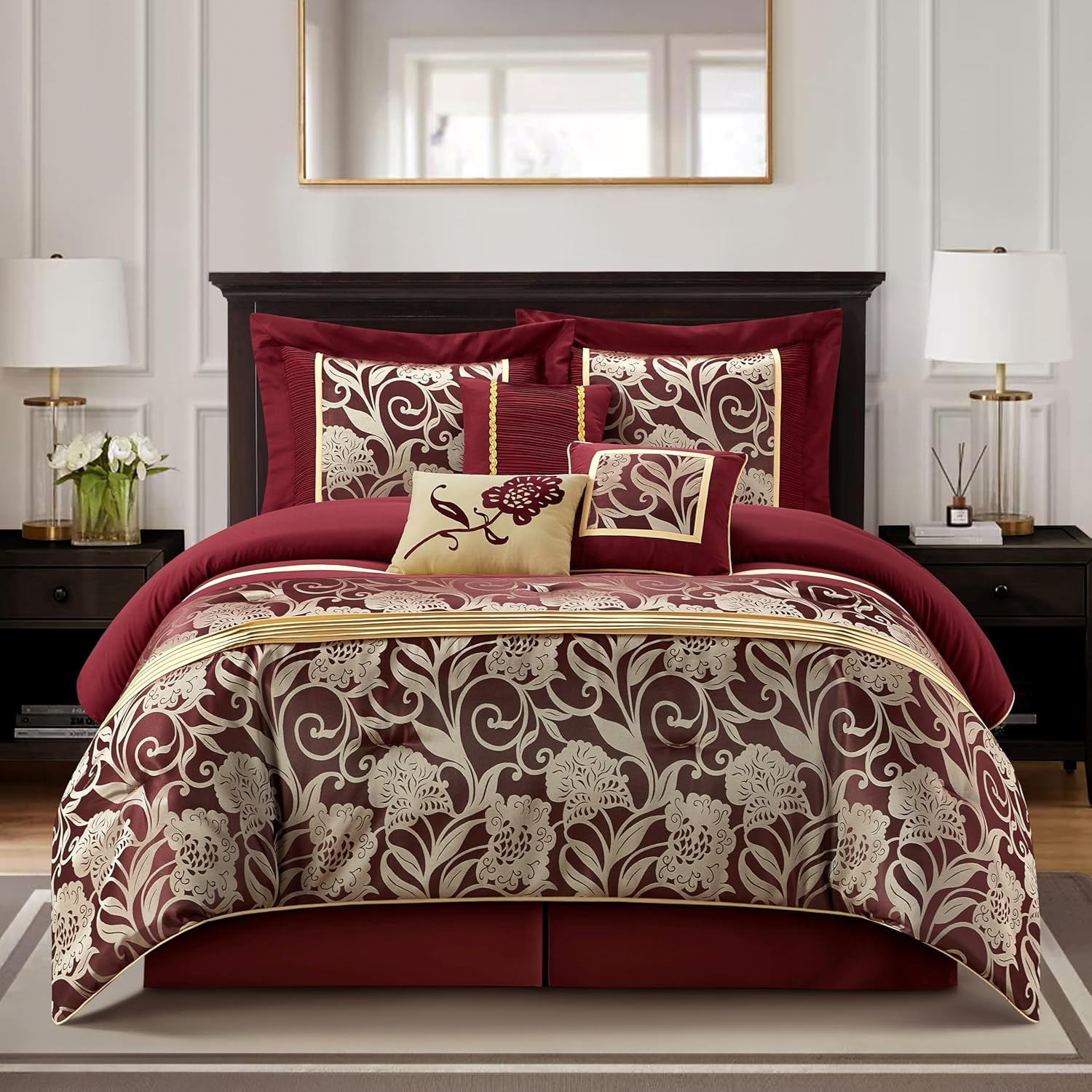 7-Piece Comforter Bedding Set, Red, Bed Size King, Floral Bedding Set ...
