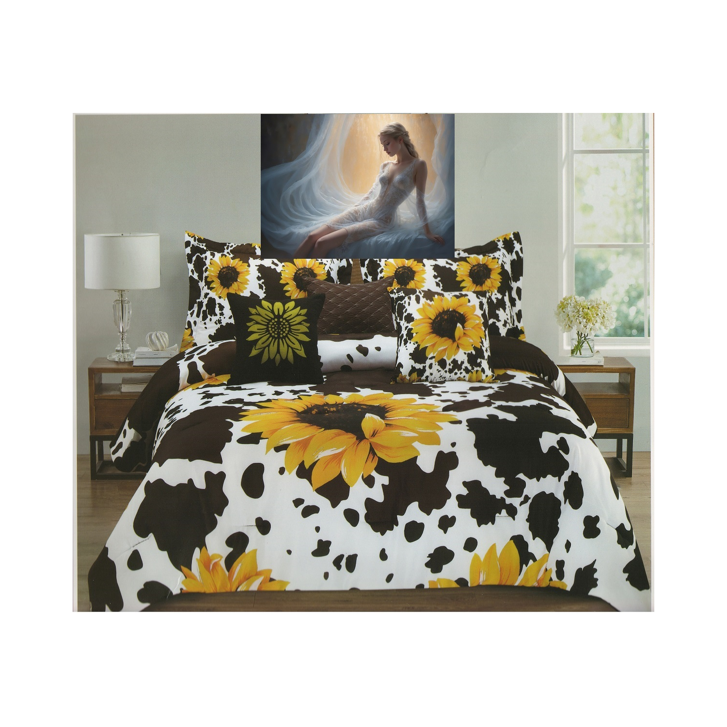 7 Piece Comforter Set Cow Print and Sunflowers Queen King Size ...