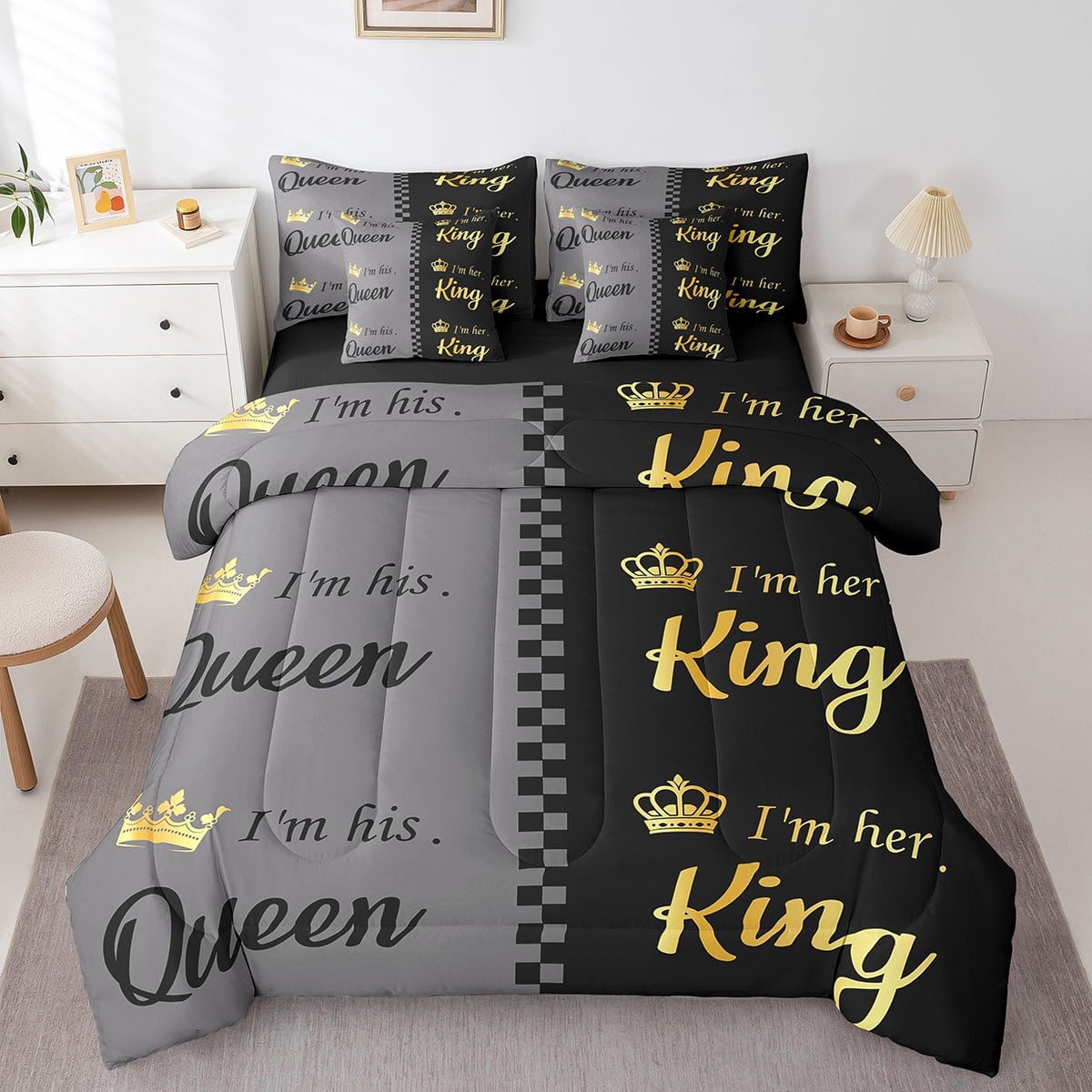 His And Hers 7 Piece Comforter Set Queen King And Queen Crown Bedding ...