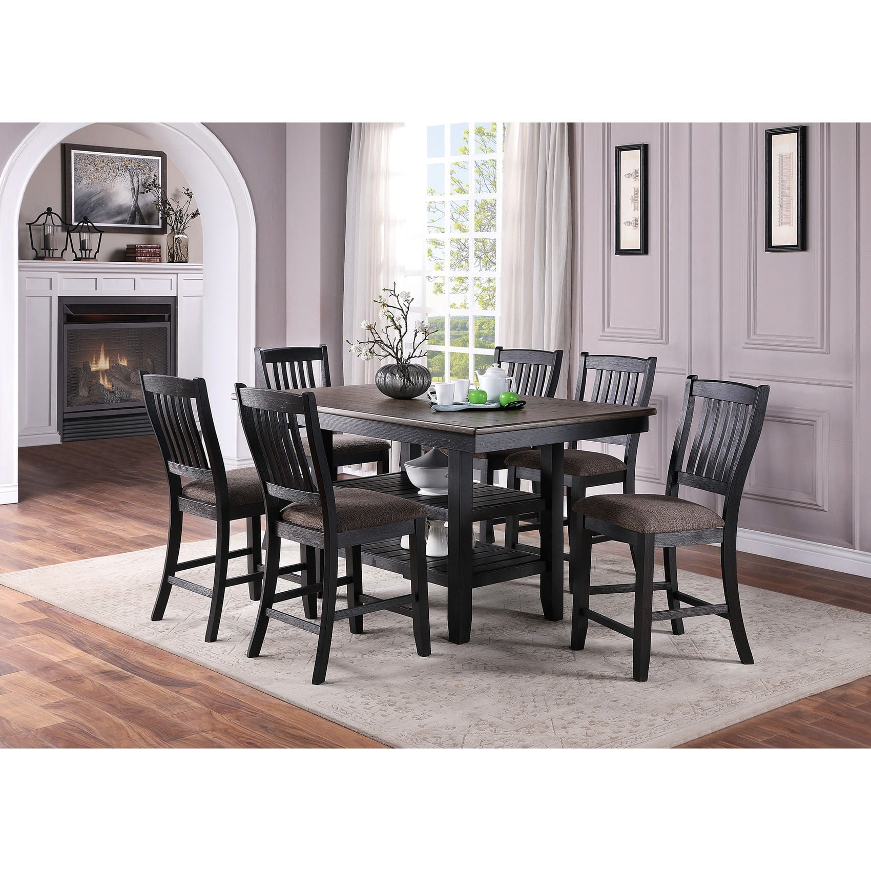 7-Piece Contemporary Dining Set: Dark Coffee Rubberwood Table and ...