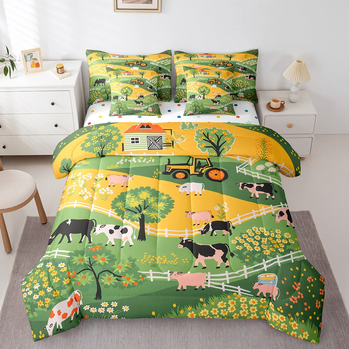 7 Piece Cow Print Queen Bed in a Bag Tractor Bedding Sets Western ...