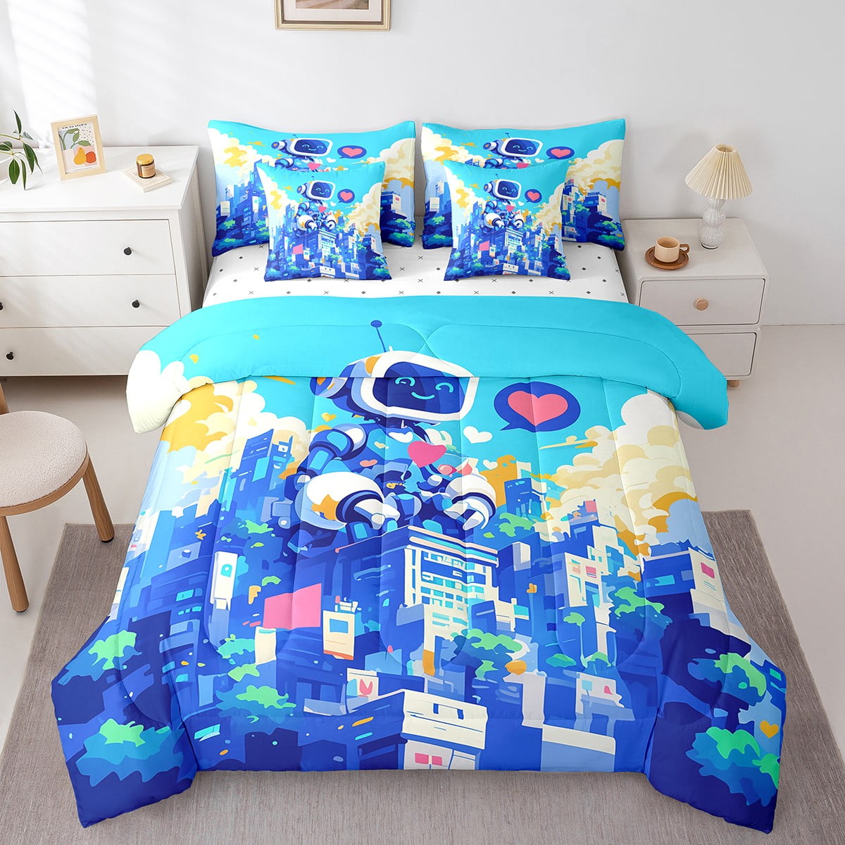7 Piece Cute Blue Robot Comforter Set Full Size,Cartoon Machine Robot ...