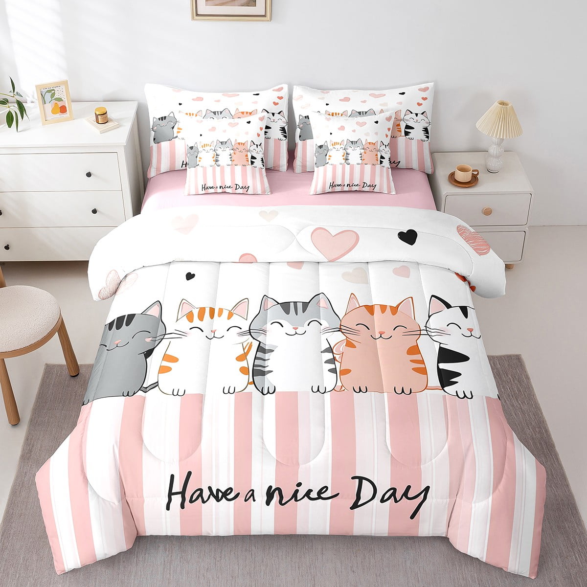 7 Piece Cute Cat Bed in a Bag Twin Size Cartoon Cat Bedding Sets ...