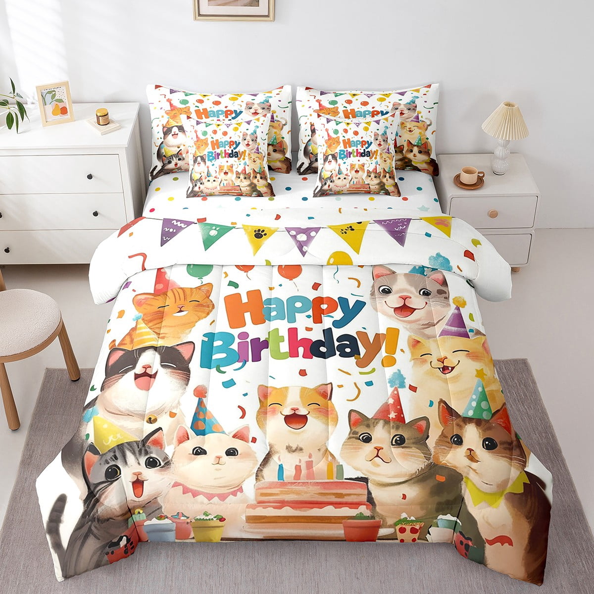 7 Piece Cute Cat Queen Comforter Set,Kawaii Cat Bedding Set with Sheets ...