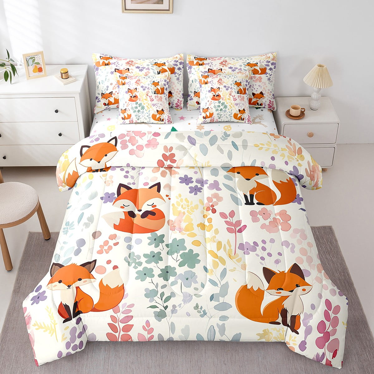 7 Piece Cute Fox Twin Bedding Set,Colorful Floral Fox Comforter Set ...