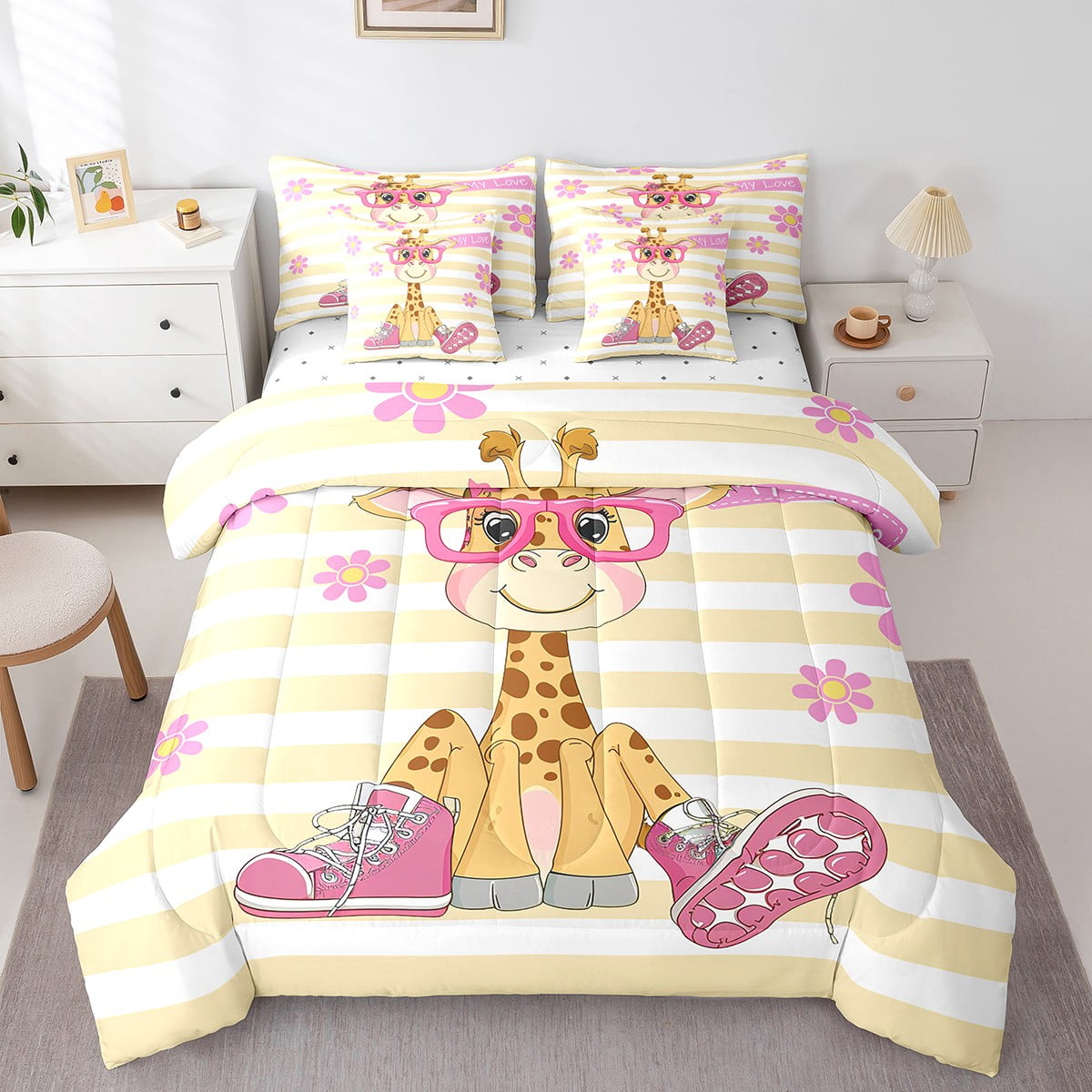 7 Piece Cute Giraffe Bed in a Bag Twin Lovely Cartoon Animal Bedding ...