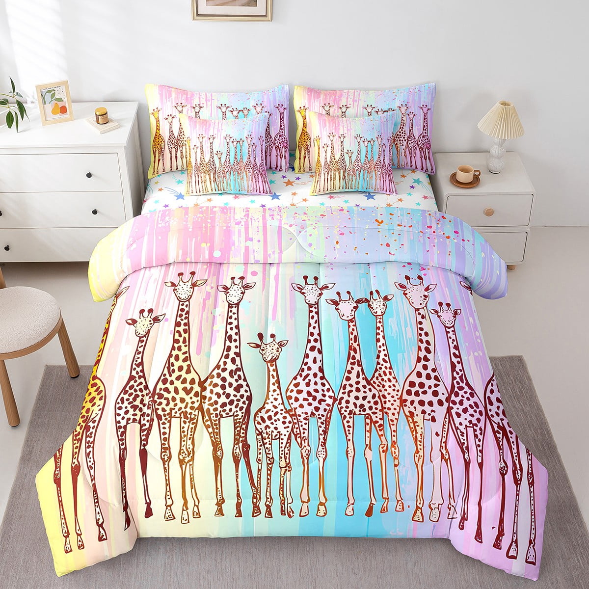 7 Piece Cute Giraffe Bed in a Bag Twin Blue Pink Gradient Bedding Sets ...