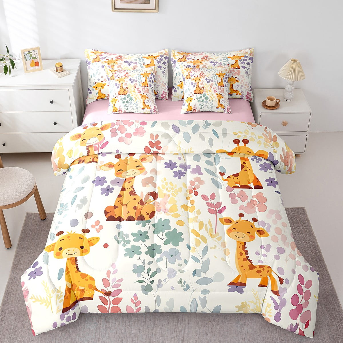 7 Piece Cute Giraffe Twin Bedding Set,Colorful Floral Giraffe Comforter ...