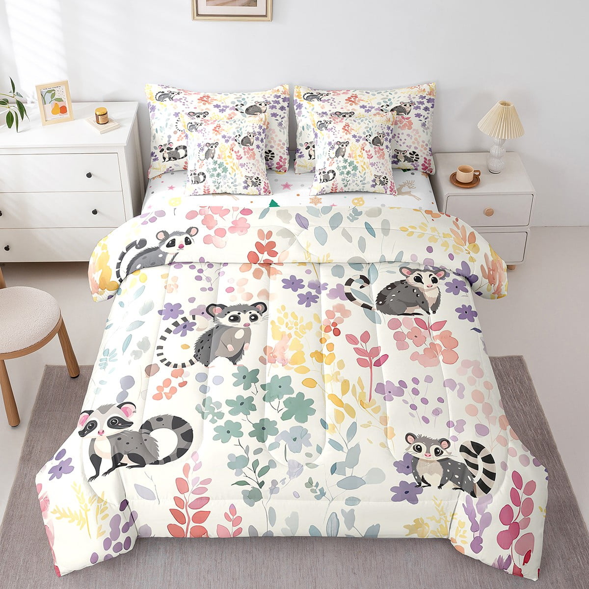 7 Piece Cute Lemur Comforter Set Twin Size,Kawaii Lemur Floral Bedding ...
