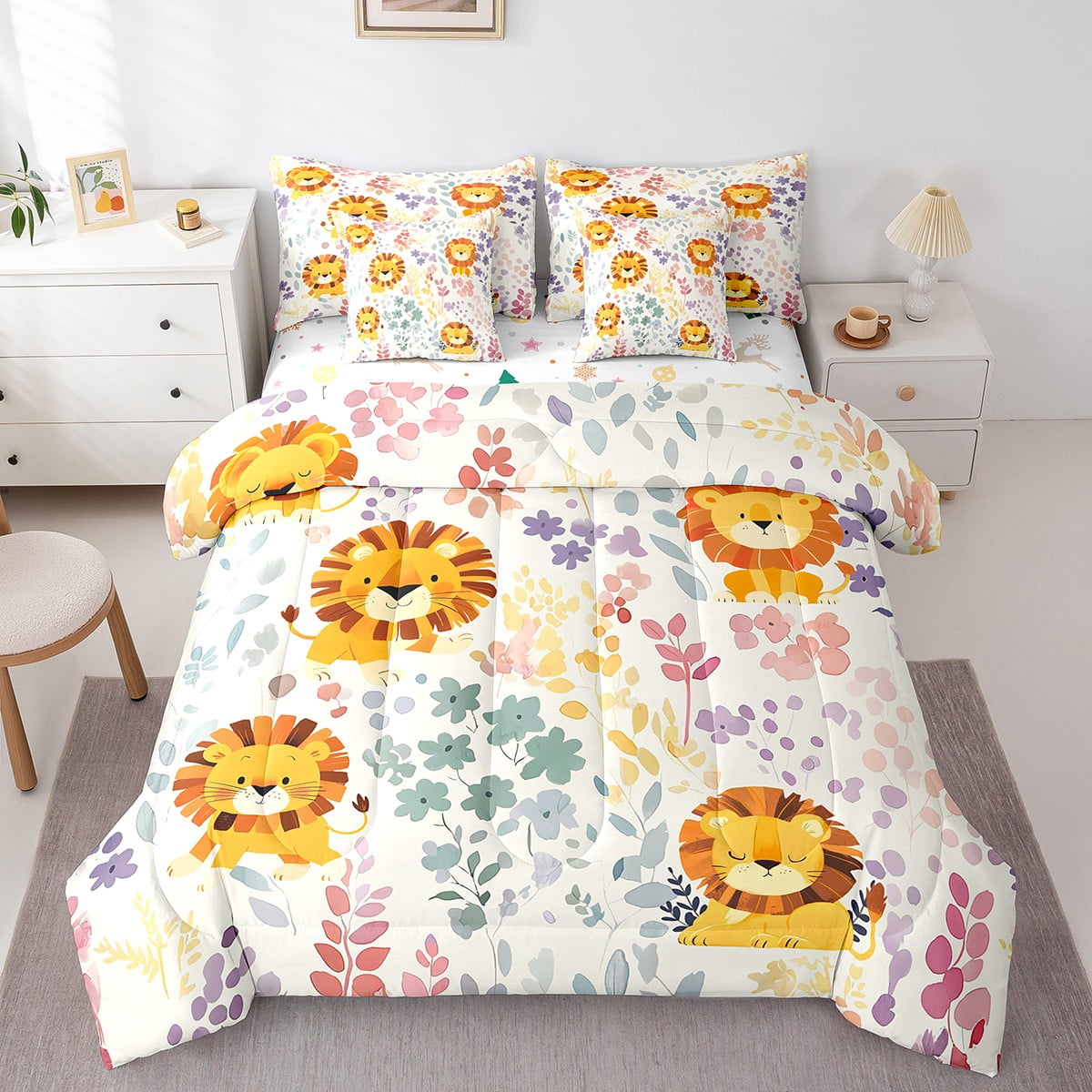 7 Piece Cute Lion Queen Comforter Set,Colorful Floral Lion Bedding Set ...
