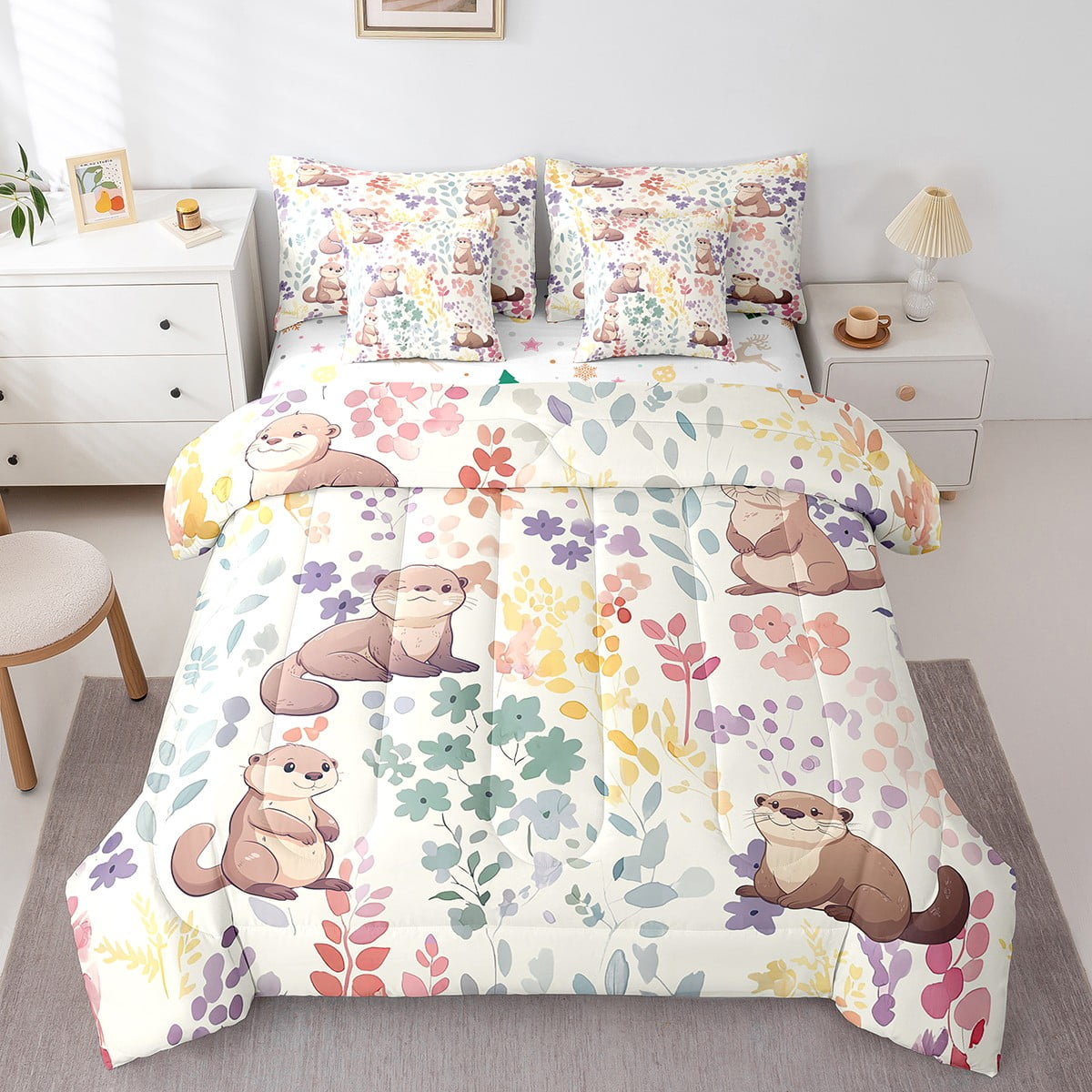 7 Piece Cute Otter Full Bedding Set,Flower Sea Otter Comforter Set with ...