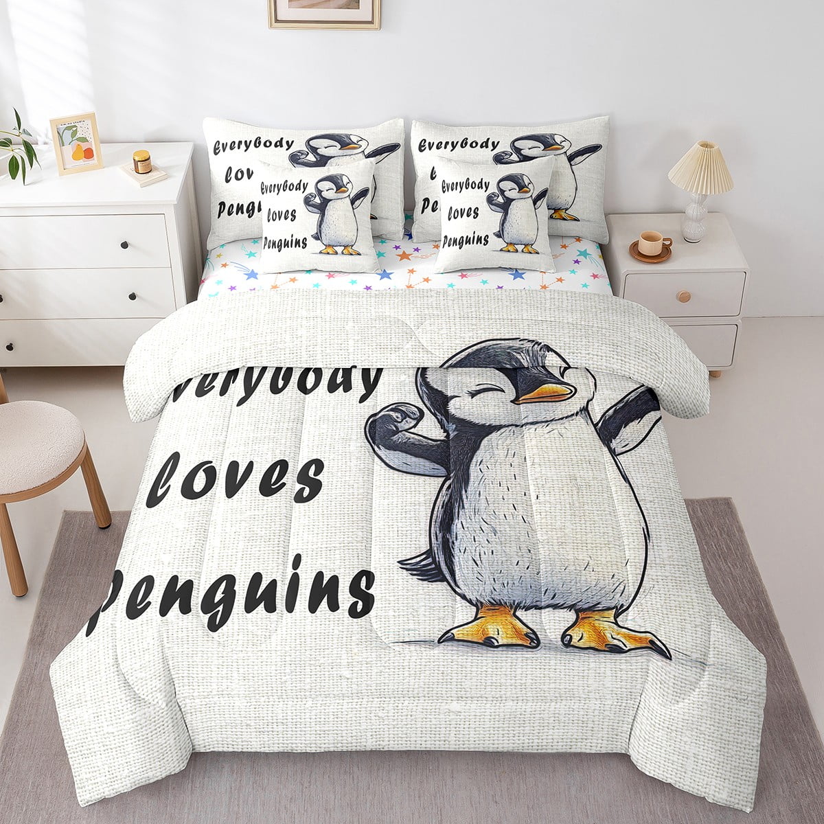 7 Piece Cute Penguin Bedding Set Queen Comforter Set,Everybody Loves ...