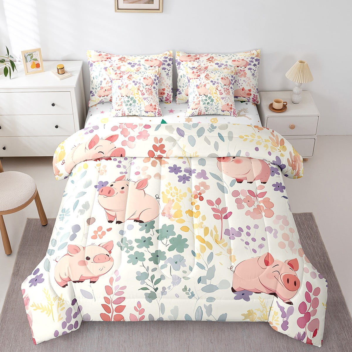7 Piece Cute Pig Bedding Set Twin Size,Farmhouse Animal Pig Bed Set ...