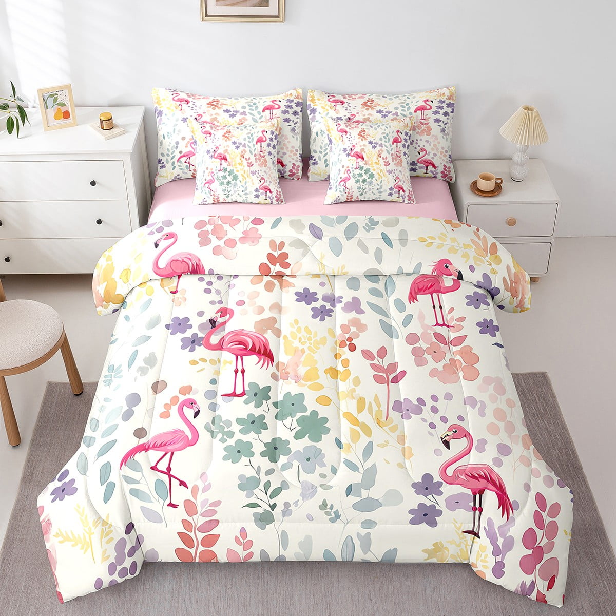 7 Piece Cute Pink Flamingo Queen Bedding Set,Colorful Floral Comforter ...