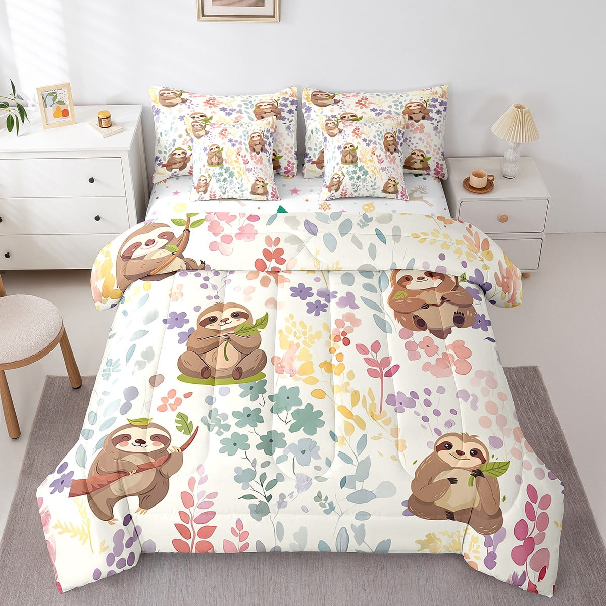 7 Piece Cute Sloth Twin Bedding Set,Colorful Floral Sloth Comforter Set ...