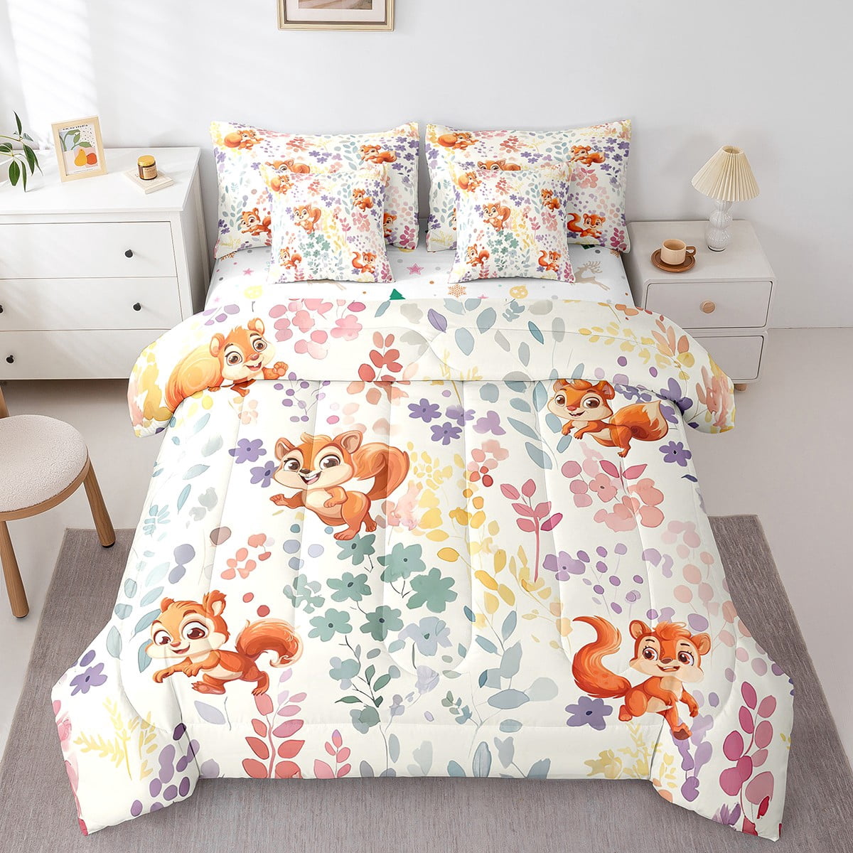 7 Piece Cute Squirrel Comforter Set Twin Size,Kawaii Squirrel Floral ...