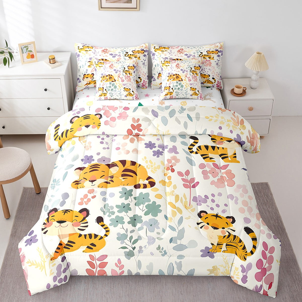 7 Piece Cute Tiger Twin Bedding Set,Colorful Flower Tiger Comforter Set ...