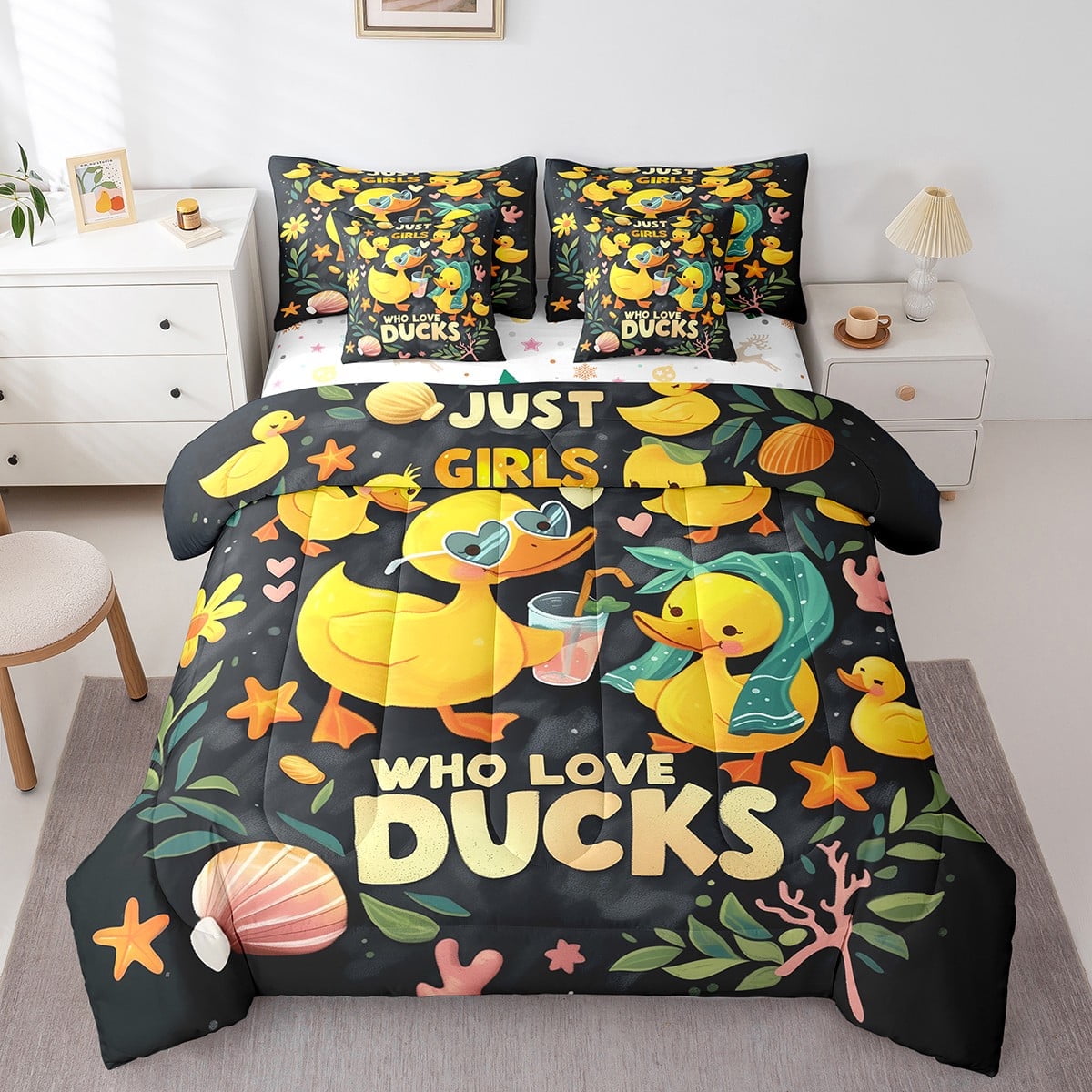 7 Piece Cute Yellow Duck King Bedding Set,Funny Animal Duck Bed in a ...