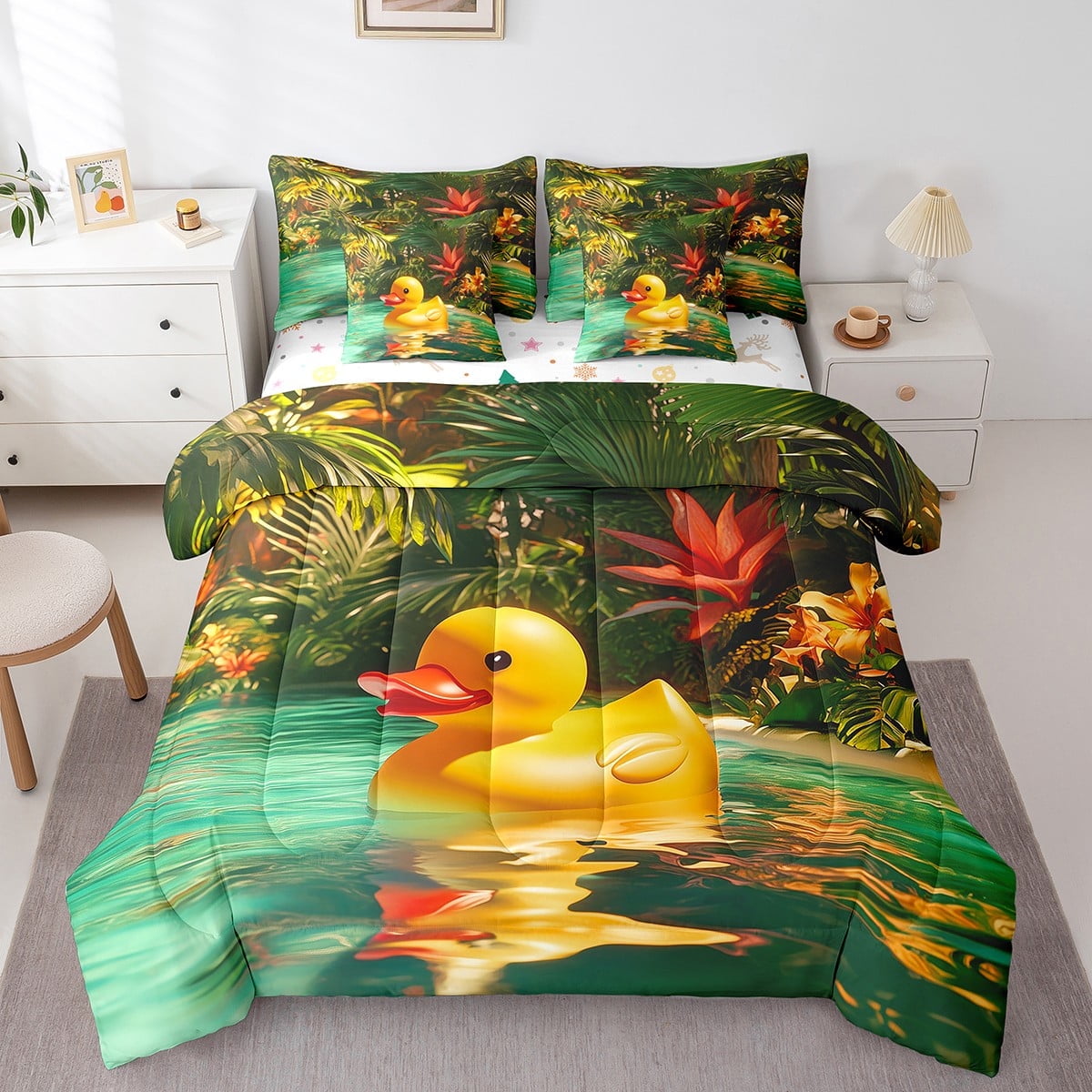 7 Piece Cute Yellow Duck King Bedding Set,Funny Rubber Duck Comforter ...